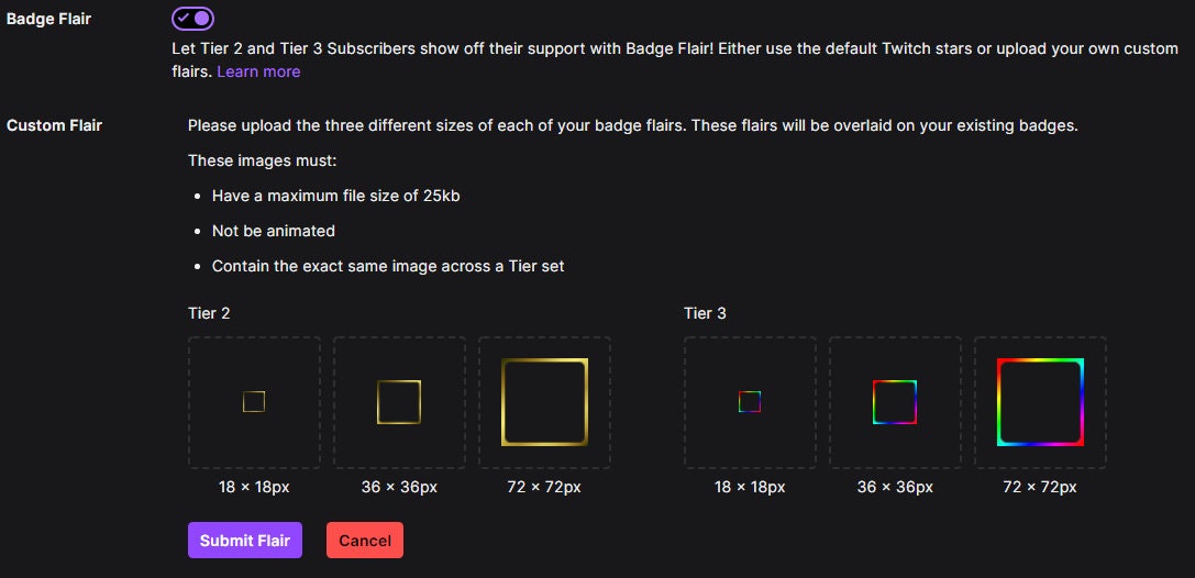 Twitch Sub Badge Tier 2 and 3 Subscriber Flairs || Gold and Rainbow ...