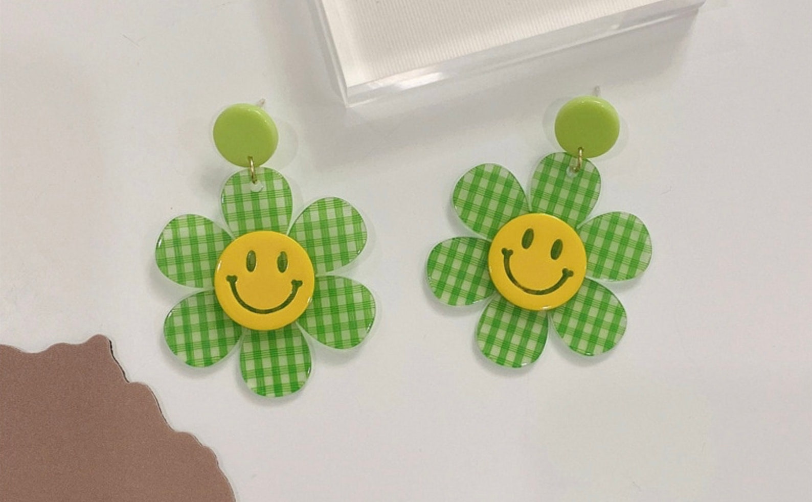 Plaid Smiley Face Flower Acrylic Earrings - Etsy