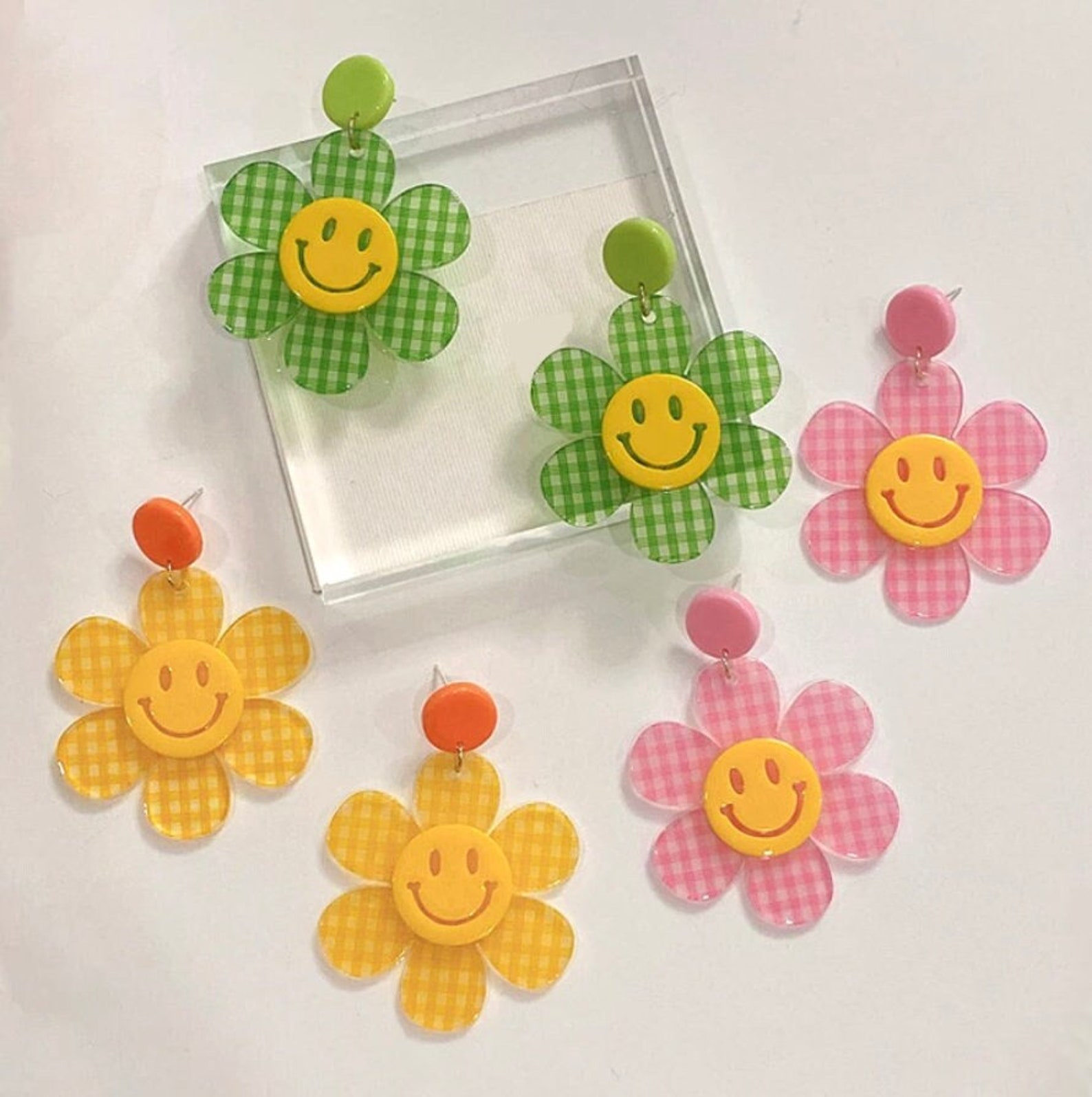 Plaid Smiley Face Flower Acrylic Earrings - Etsy