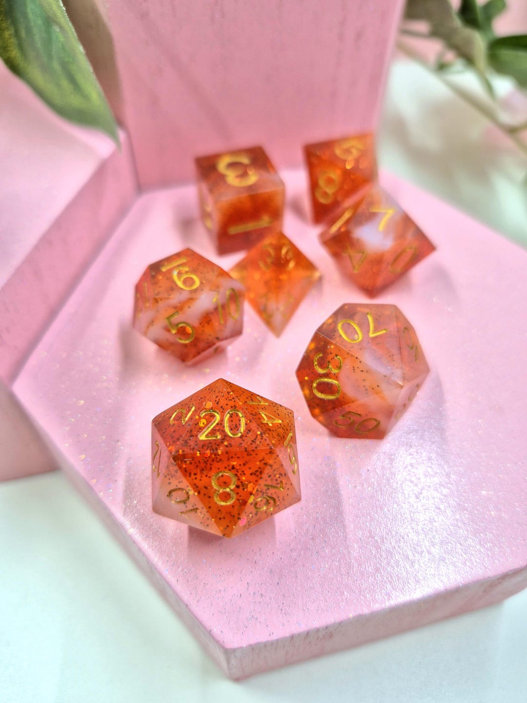 Thai Tea Handmade Seven Piece Polyhedral Dnd Ttrpg Cloud Sky Dice Set ...