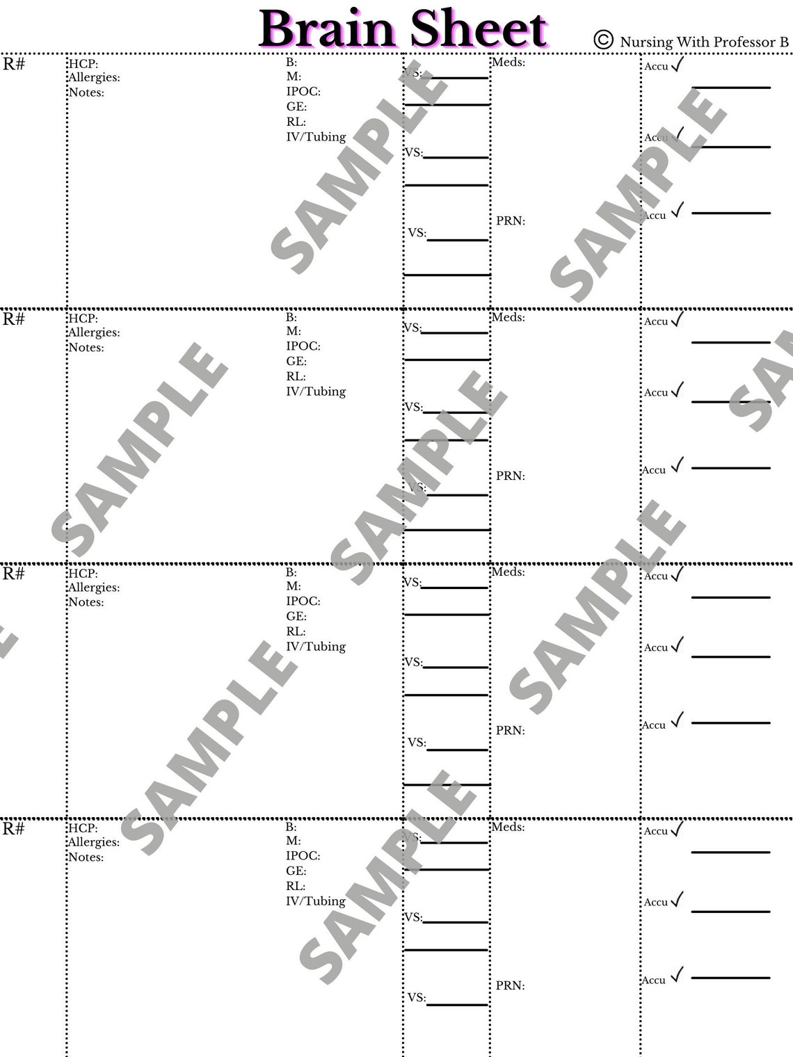 4 Patients Med/surg Med/tele Brain Sheet - Etsy