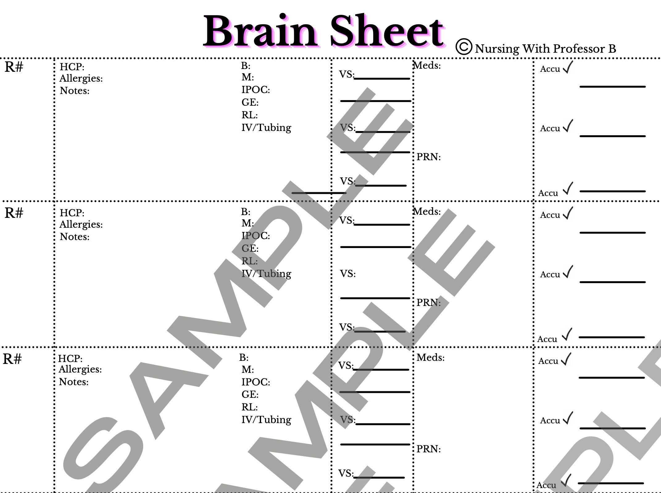 7 Patients Med/surg Med/tele Brain Sheet - Etsy