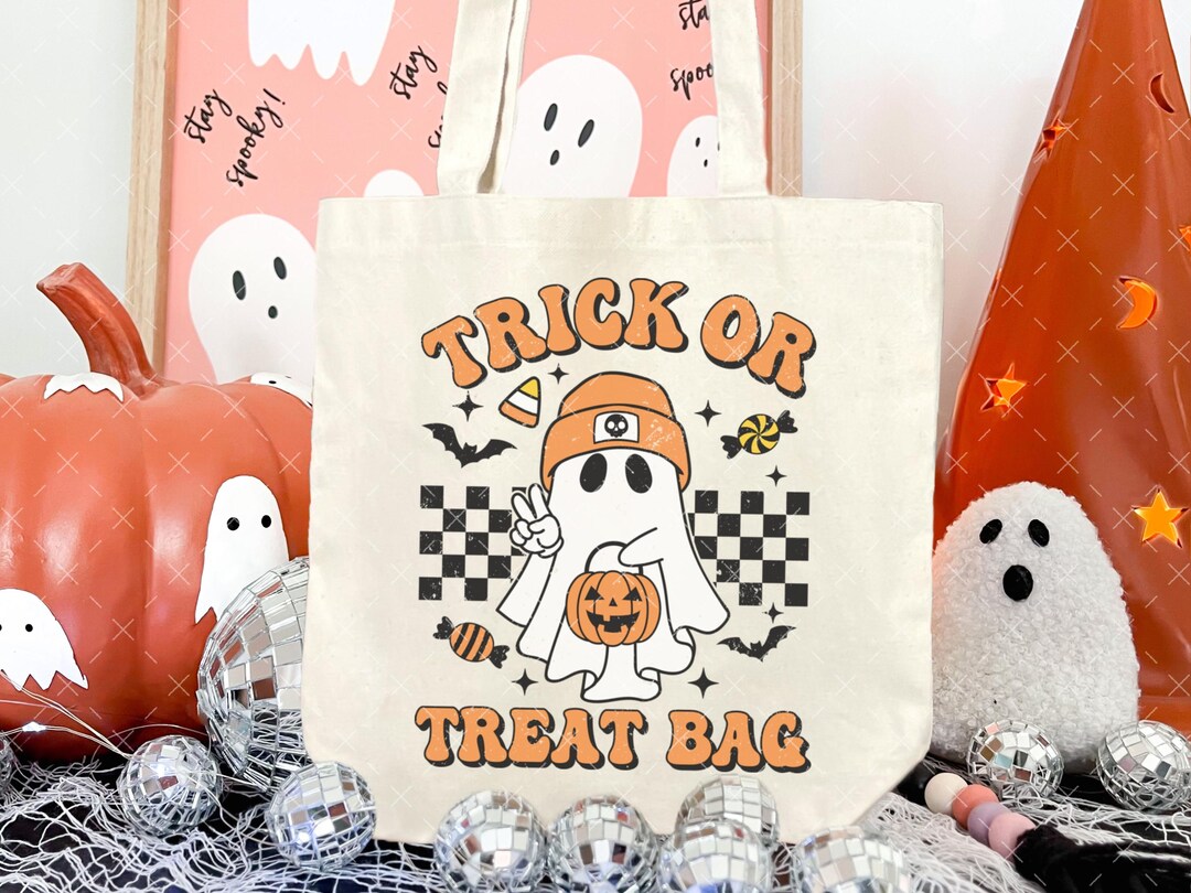 Halloween Trick or Treat Tote Bag, Checkered Ghost Candy Bag, Spooky ...