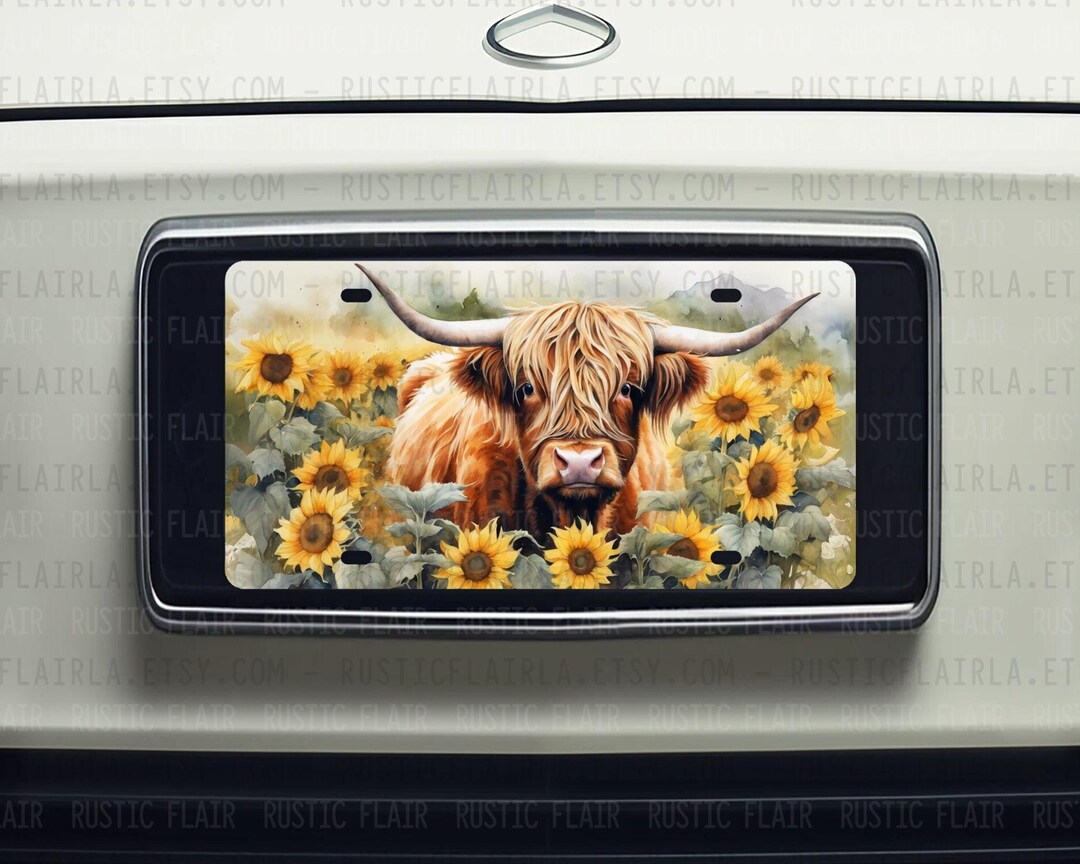 Sunflower Highland Cow License Plate, Cute Car Accessories for Women ...
