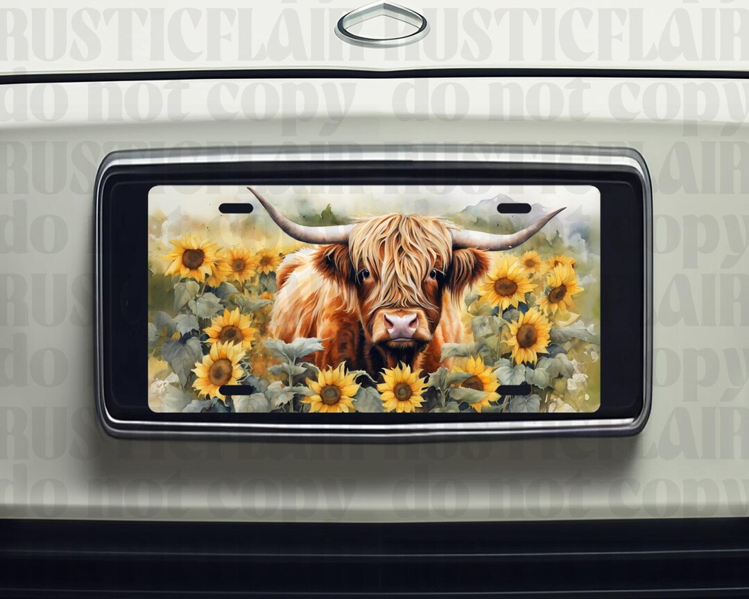 Sunflower Highland Cow License Plate, Cute Car Accessories for Women ...