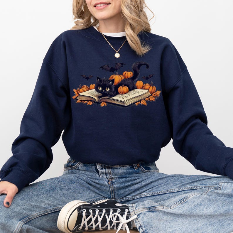 Black Cat and Book Halloween Sweatshirt, Halloween Gifts, Gift for Her ...