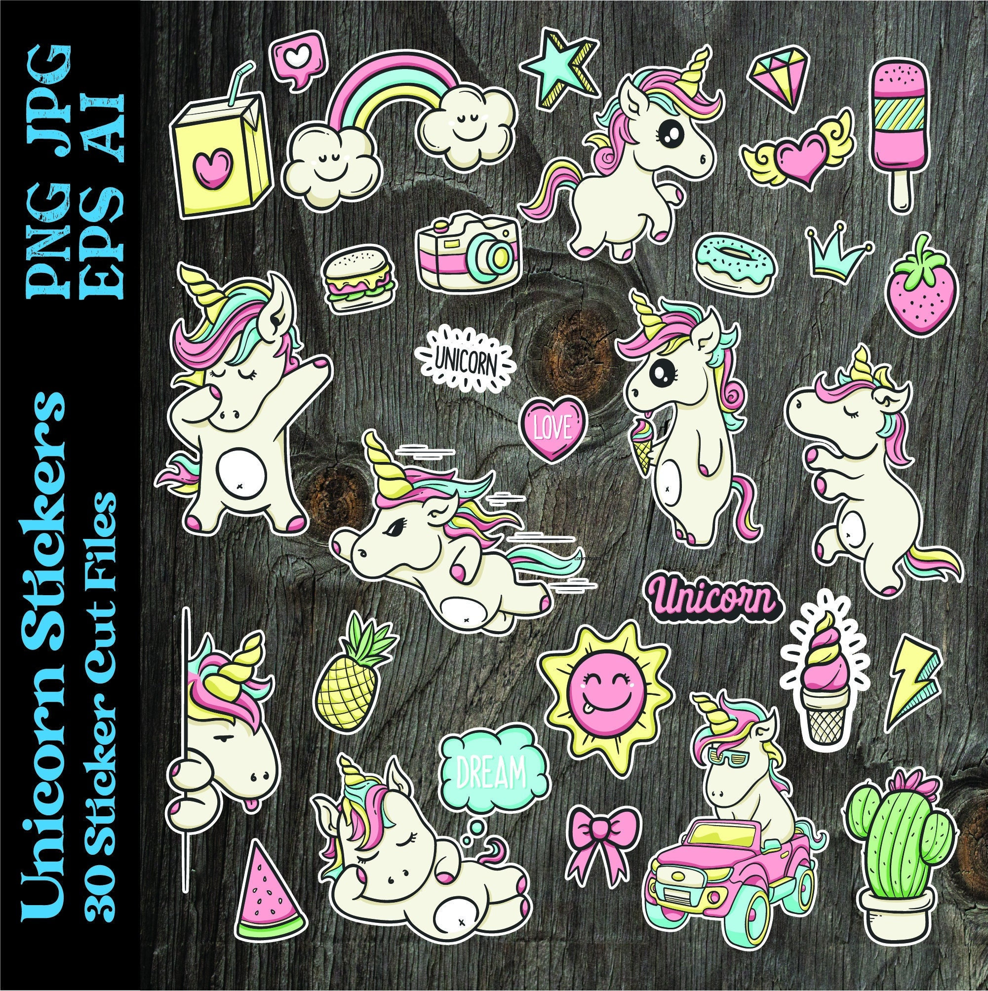 Cute Unicorn Digital Sticker Bundle Png Jpg Eps and Ai/unicorn ...