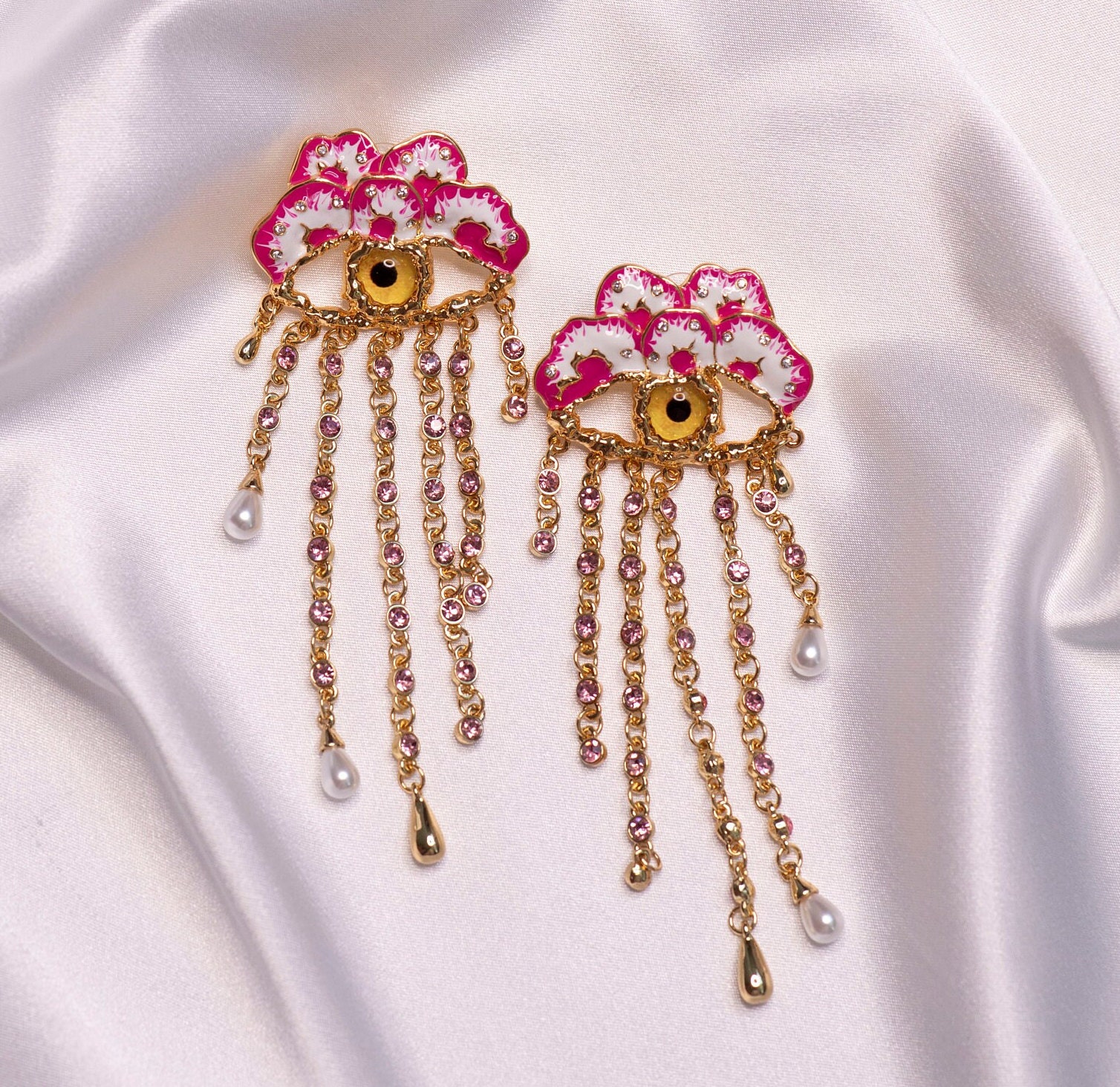 Vintage Gold Tone Evil Eye Pansy Curtain Earrings Surrealist Florals ...
