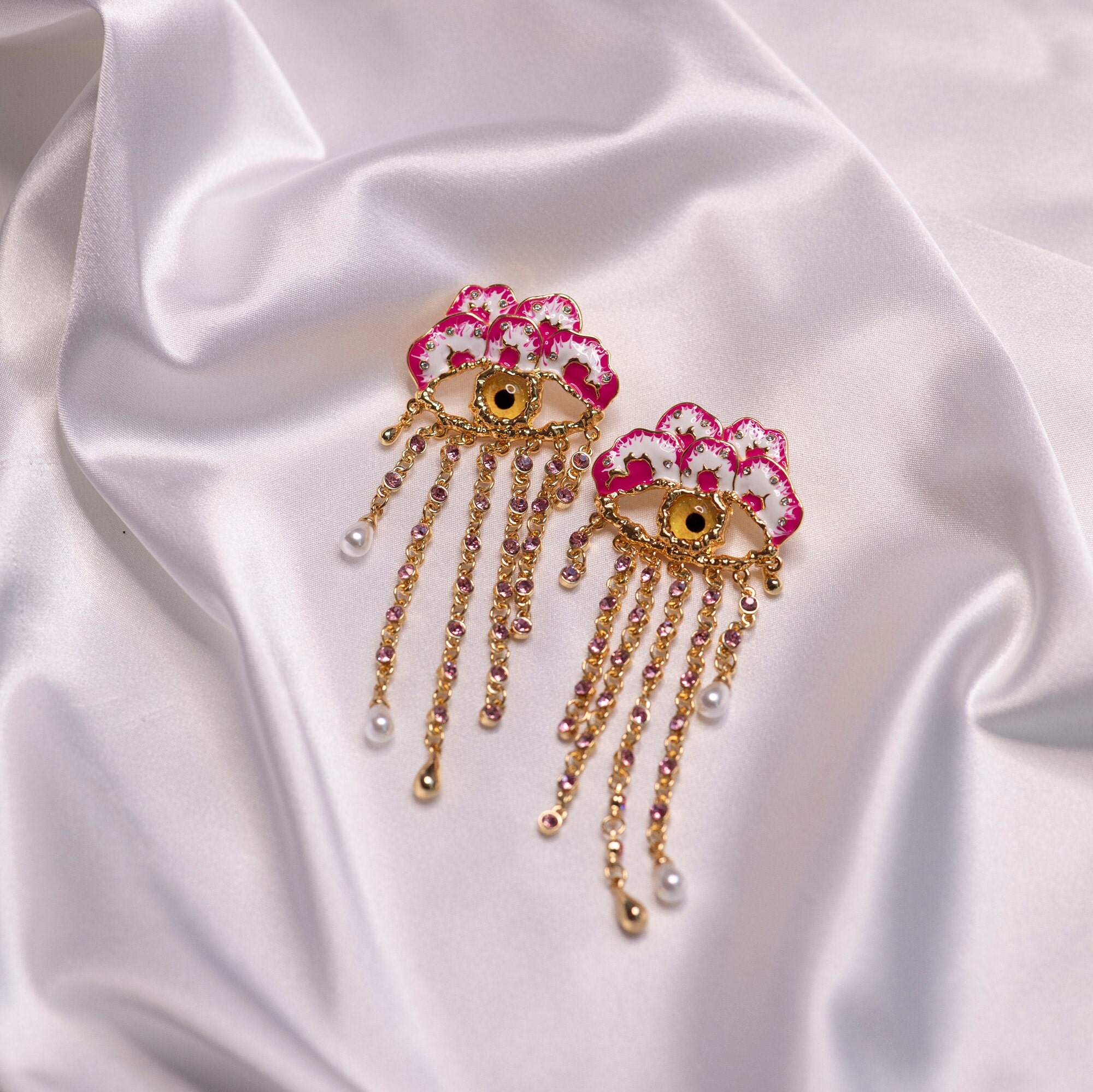 Vintage Gold Tone Evil Eye Pansy Curtain Earrings Surrealist Florals ...