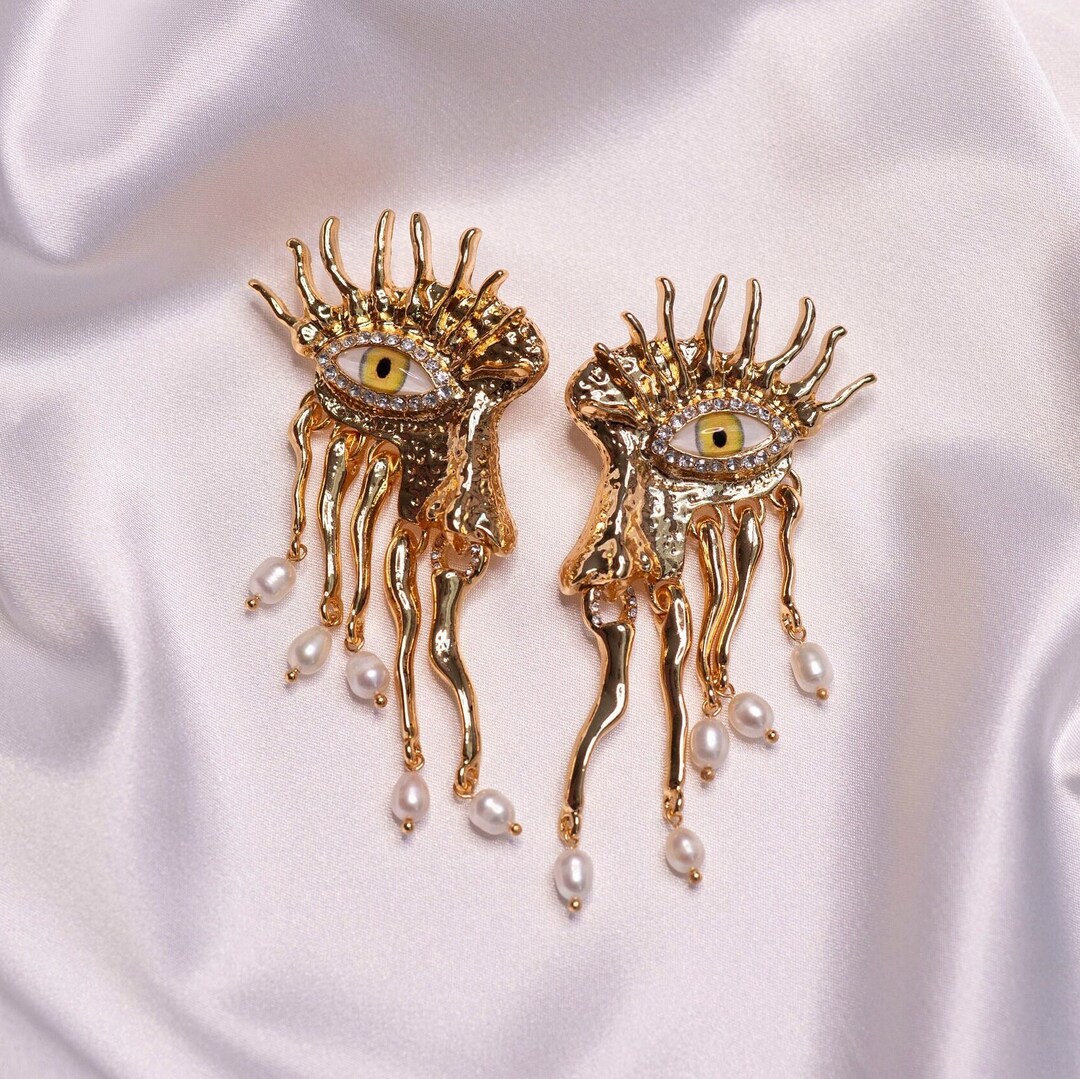 Vintage Gold Tone Evil Eye Drop Earrings Anatomy Face Drop Stud ...
