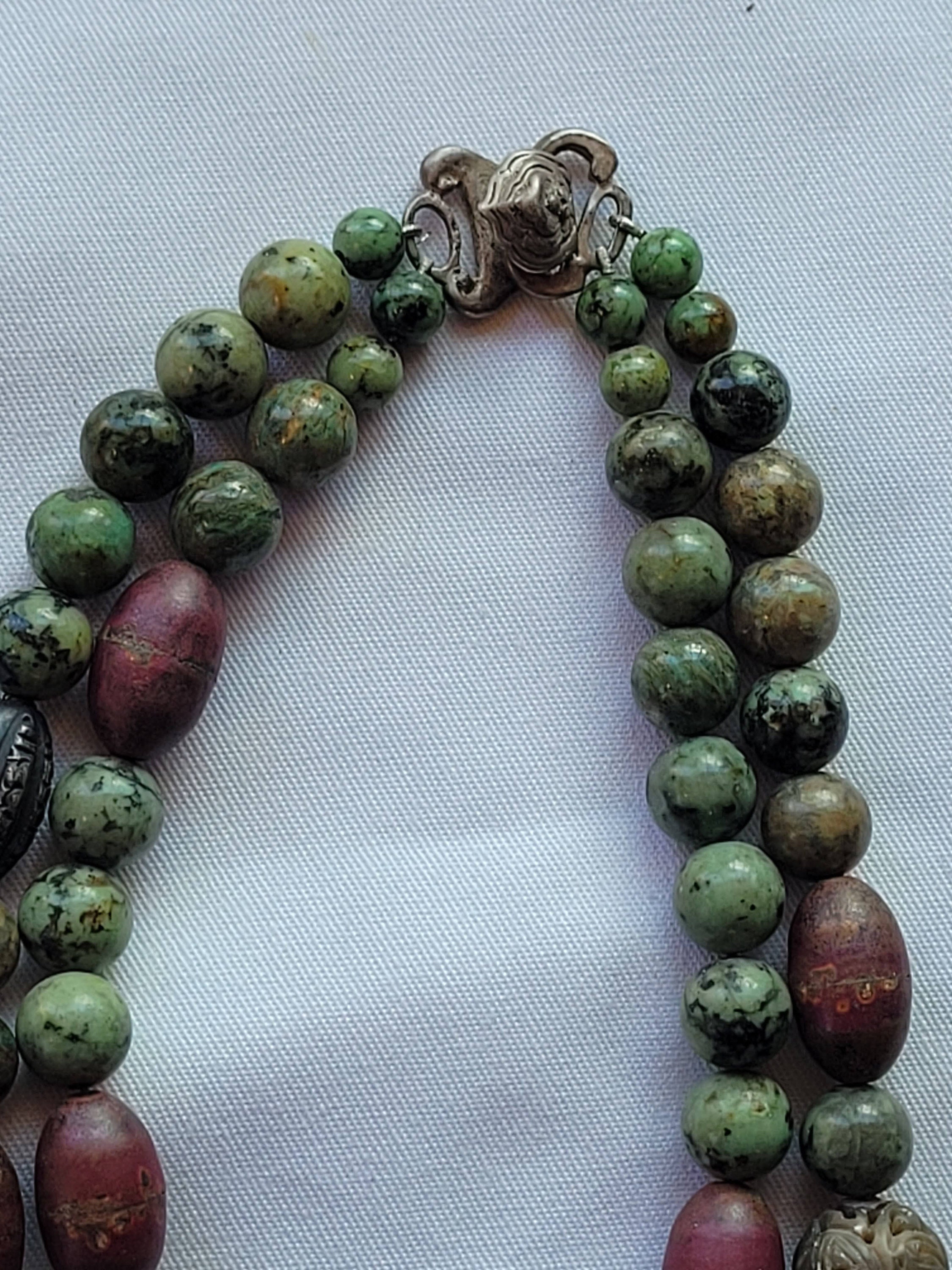 Vintage Signed Alice Kuo Double Strand Jasper Stone Necklace, With Copper, Brass, Carved ...