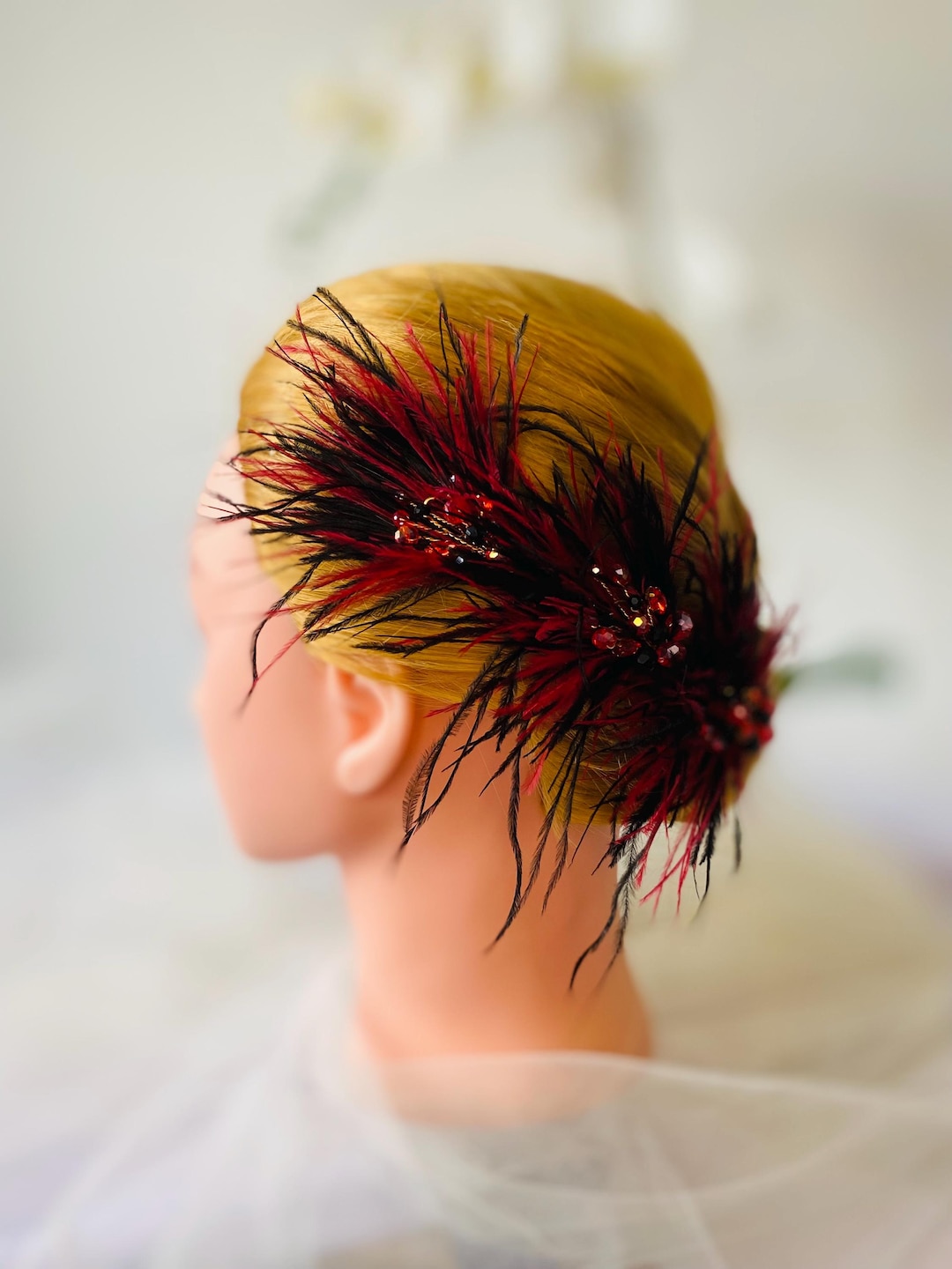 Black and Wine Red Ostrich Feather Hair Pins Set of 3 Pieces - Etsy
