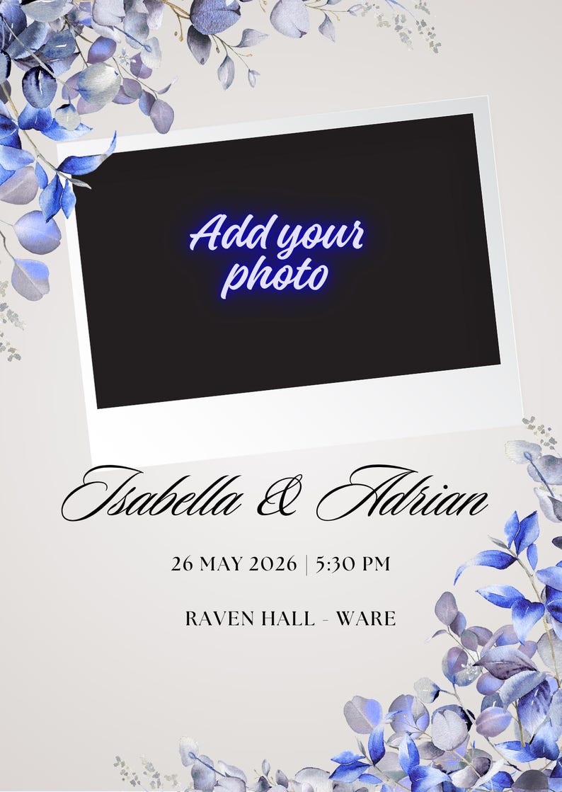 Blue Floral Photo Wedding Invitation Template | Editable Canva Invite ...