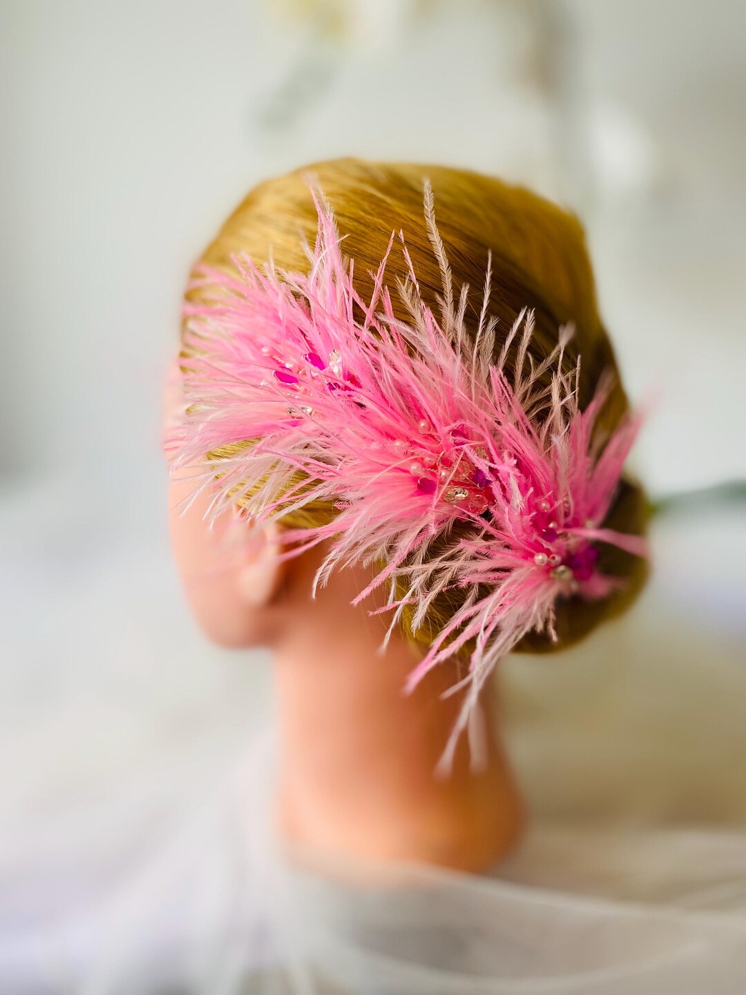 Pink Feather Bridal Hair Piece – Crystal Accented Wedding Headpiece ...
