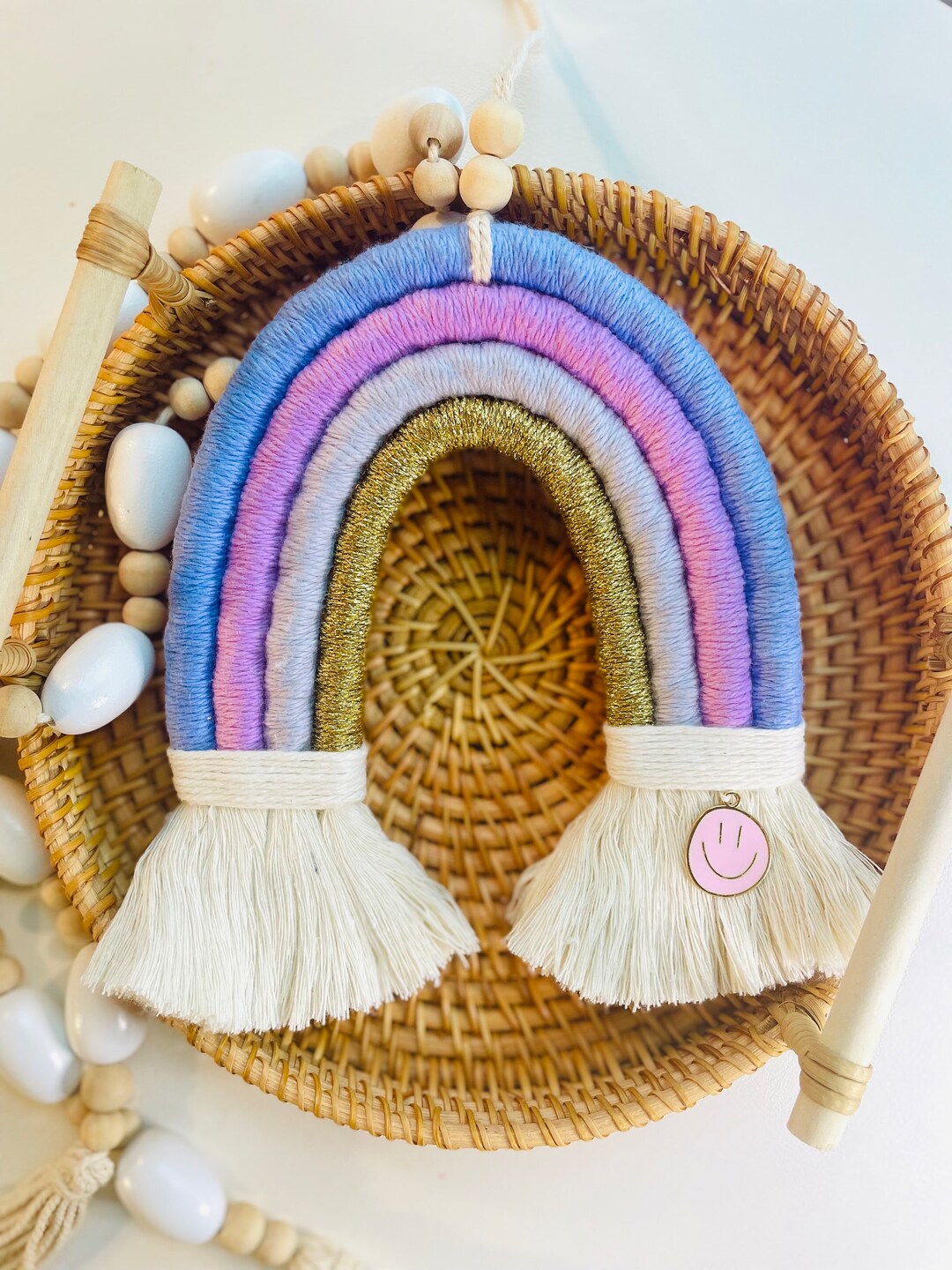 Pastel Smiley Happy Face Macrame Rainbow Bag Charm Keychain Wall ...