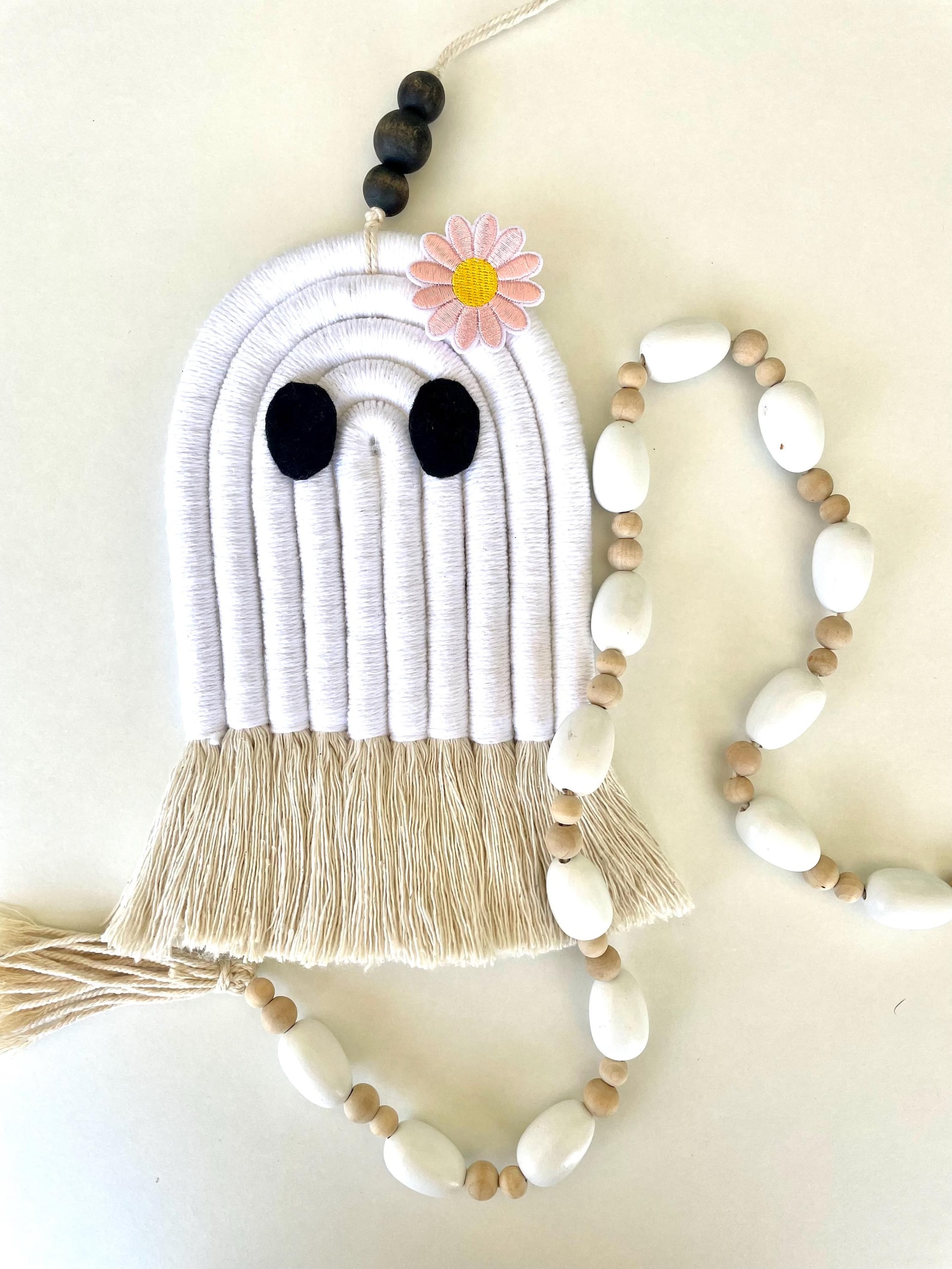 Boho Halloween Macrame Ghost Wall Hanging Black and White Flower - Etsy