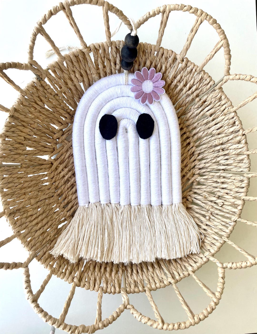 Boho Halloween Macrame Ghost Wall Hanging Black and White Flower - Etsy
