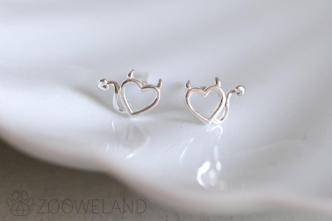 Devil Heart Silver Earrings - Dainty 925 Sterling Silver Stud Friction ...