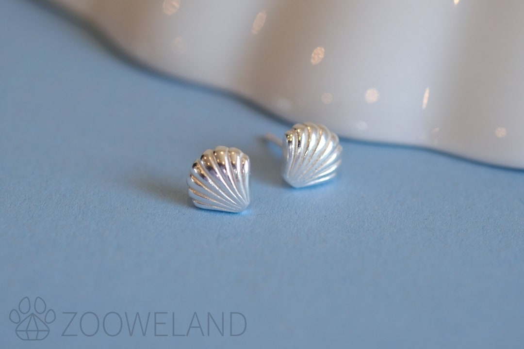 Scallop Shell Silver Earrings - Dainty 925 Sterling Silver Stud Friction Push Back Earrings, Fan ...