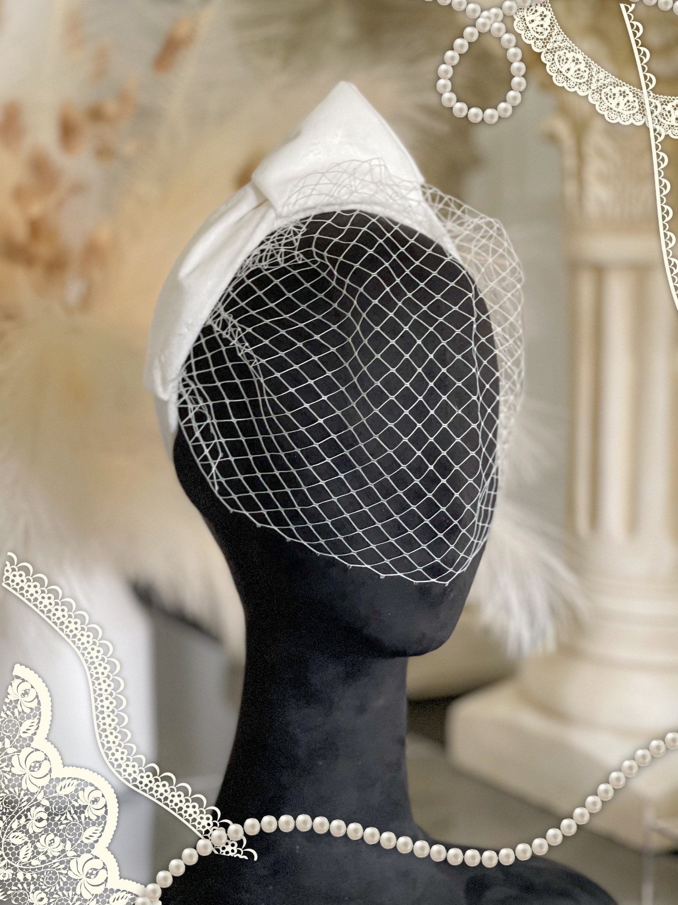WHITE TOP KNOT Wedding Birdcage Veil Headband British Veil Headband ...