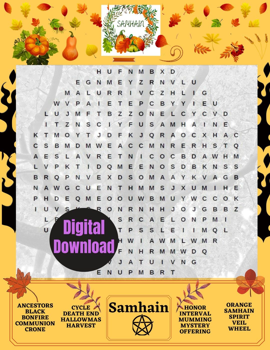 Printable Word Search, Digital Download Game, Word Seek, 8 5x11, Pagan ...