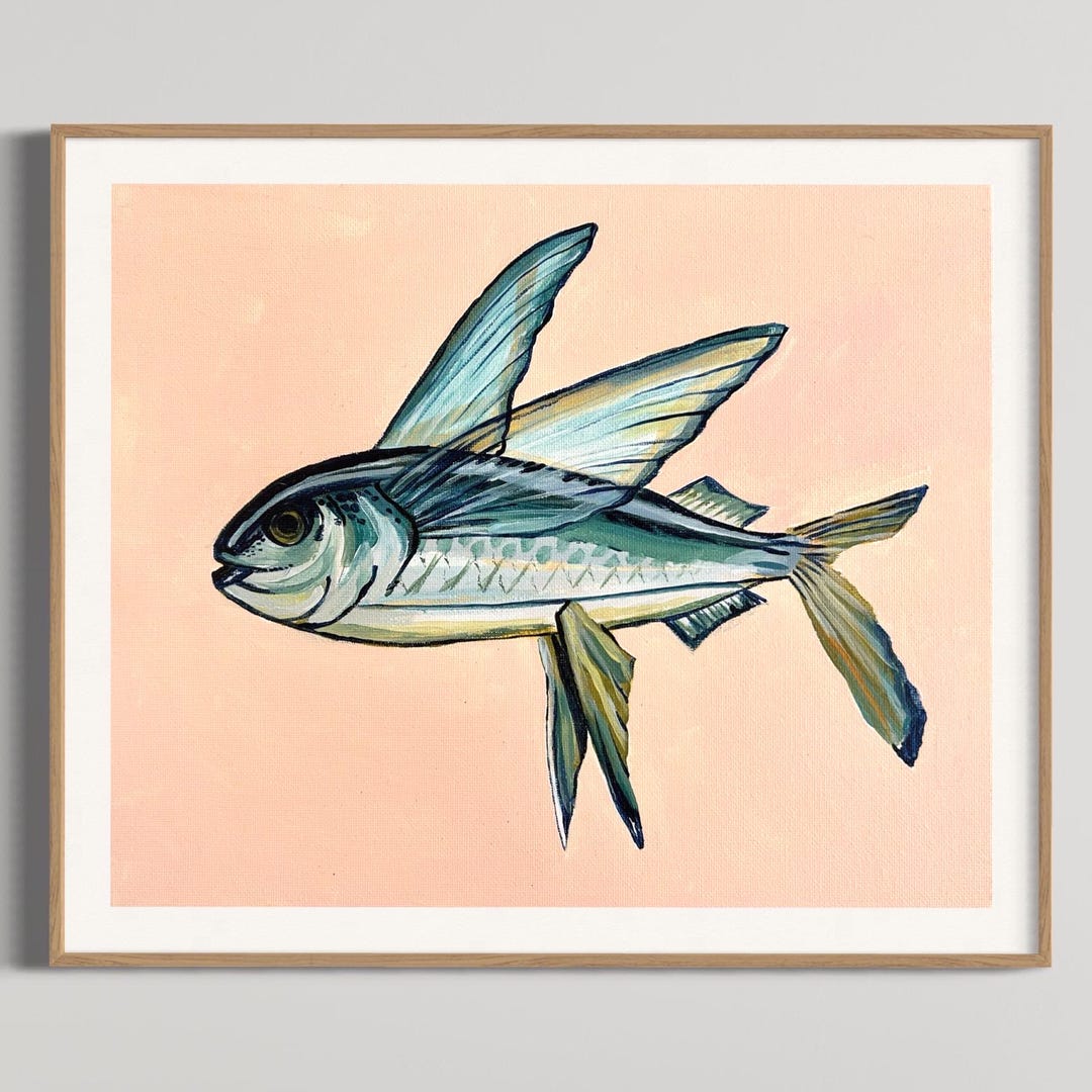 Flying Fish - Unframed Print. Fish Painting With Blue, Olive Green ...