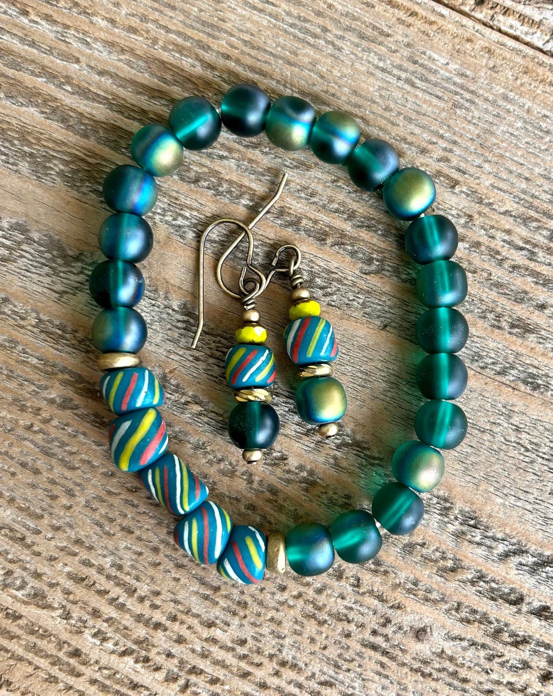 Tribal Inspired Stretch Bracelet and Earrings, Teal Colored Jewelry ...