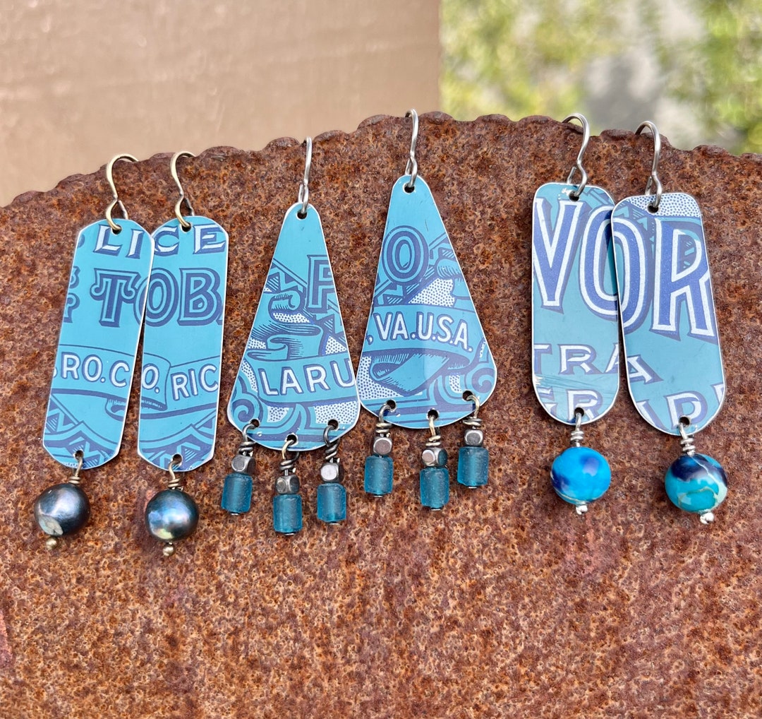 Vintage Upcycled Tin Earrings,funky Teal Blue Earrings,edgeworth Pipe ...