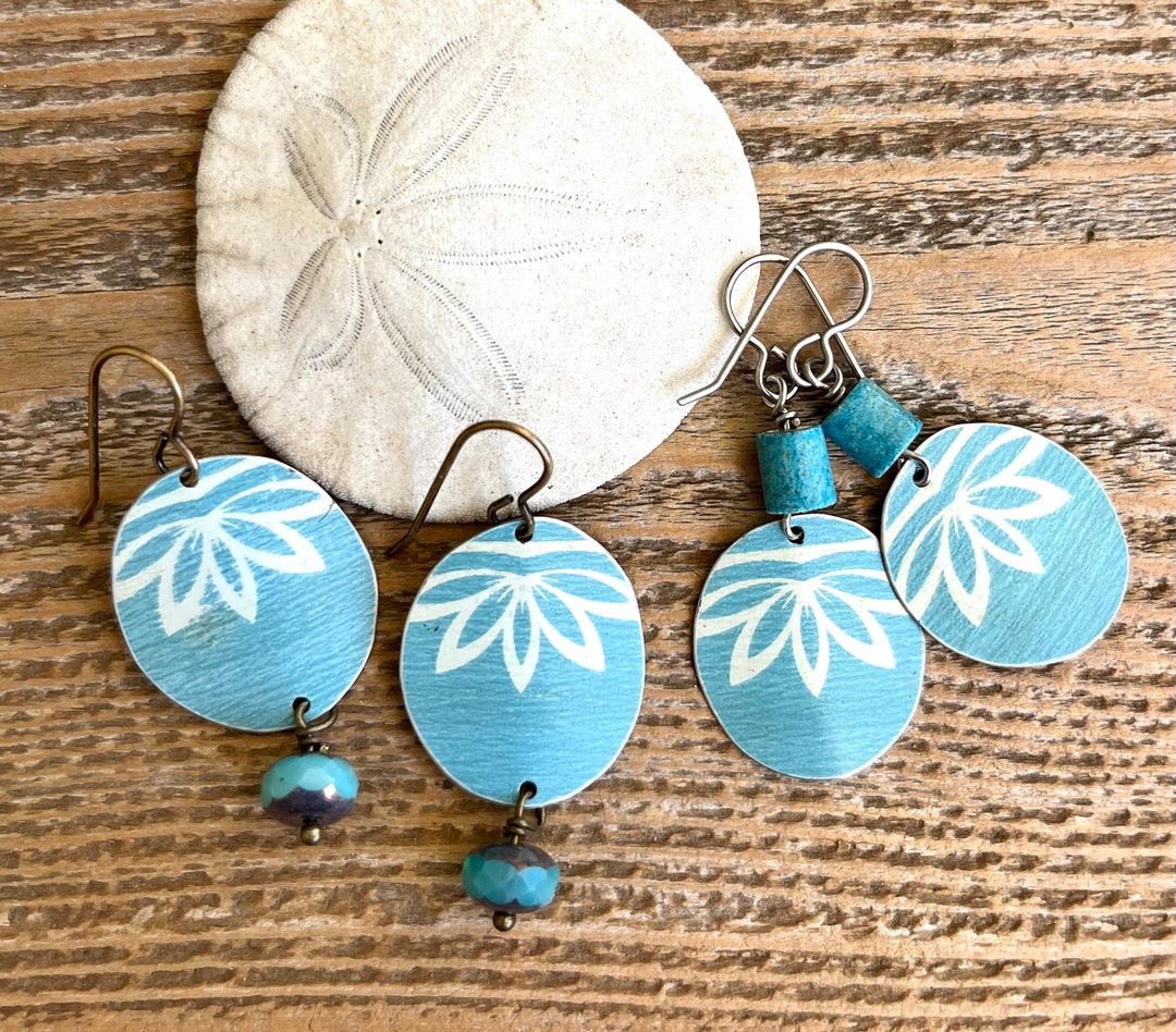 Upcycled Tin Boho Earrings,aqua Blue Recycled Tin Earrings,lotus Flower ...