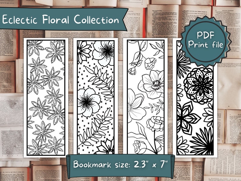 Eclectic Floral Printable Coloring Bookmarks | Flower Bookmarks | Color ...