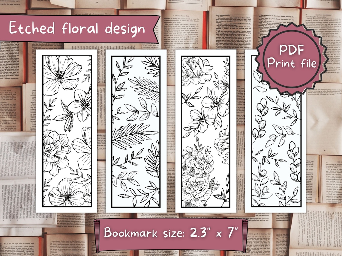 Floral Coloring Bookmarks: Etched Flower & Leaf Designs (PDF) - Etsy