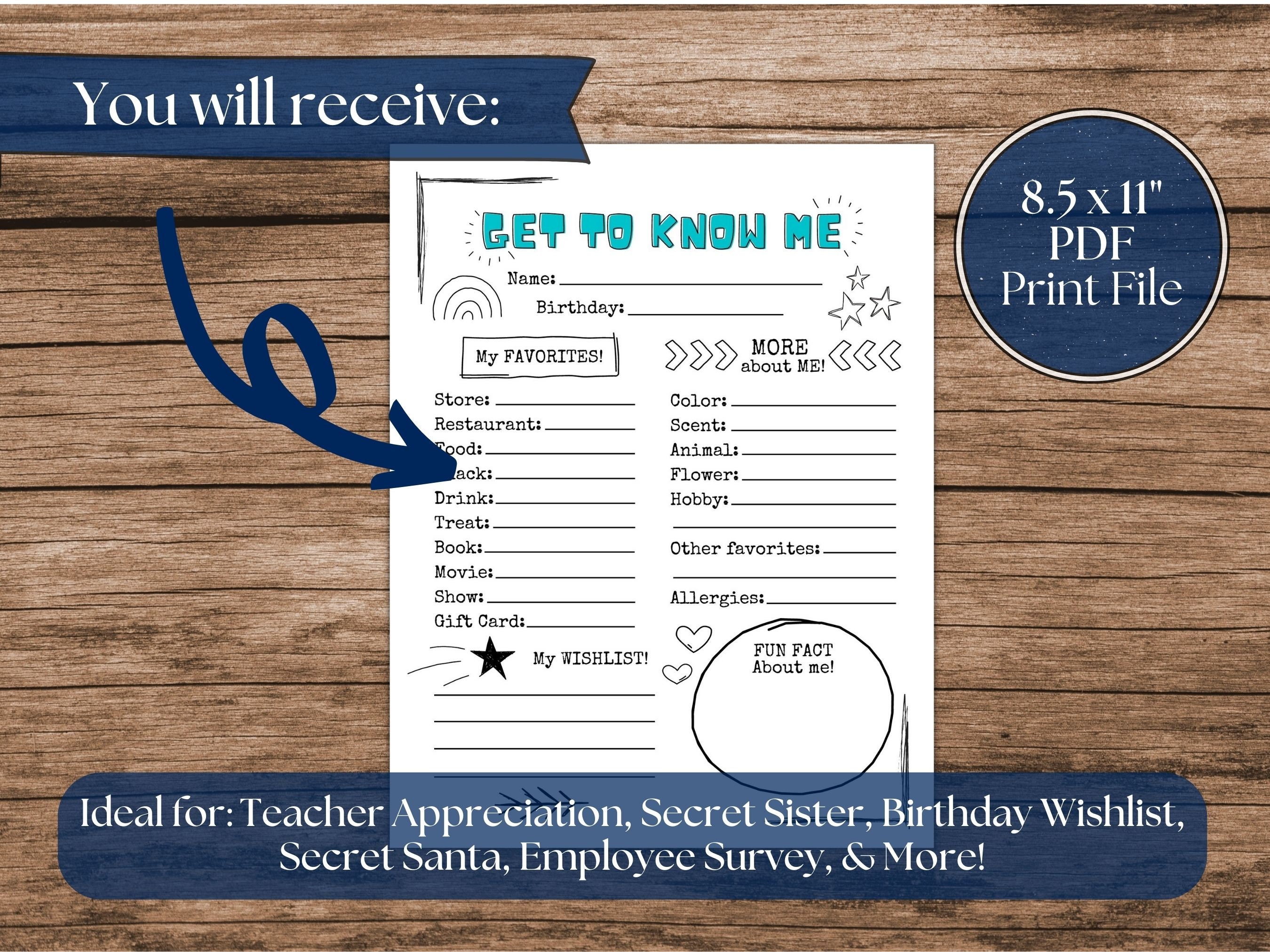 Get to Know Me Survey | Teacher Appreciation | Secret Sister | Birthday ...