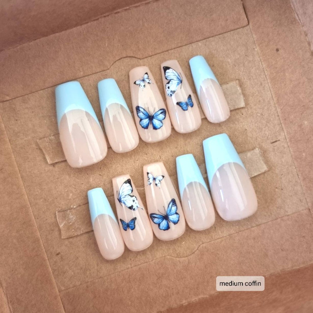 Blue Butterfly. Baby Blue French Tip With Butterfly Nail Art. Reusable ...