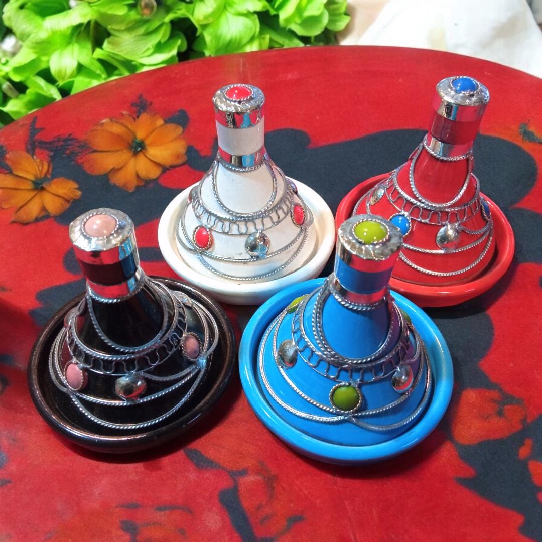 Set of 4 Small Multi-color Pottery Tagines With Metal Accents, Tagine ...