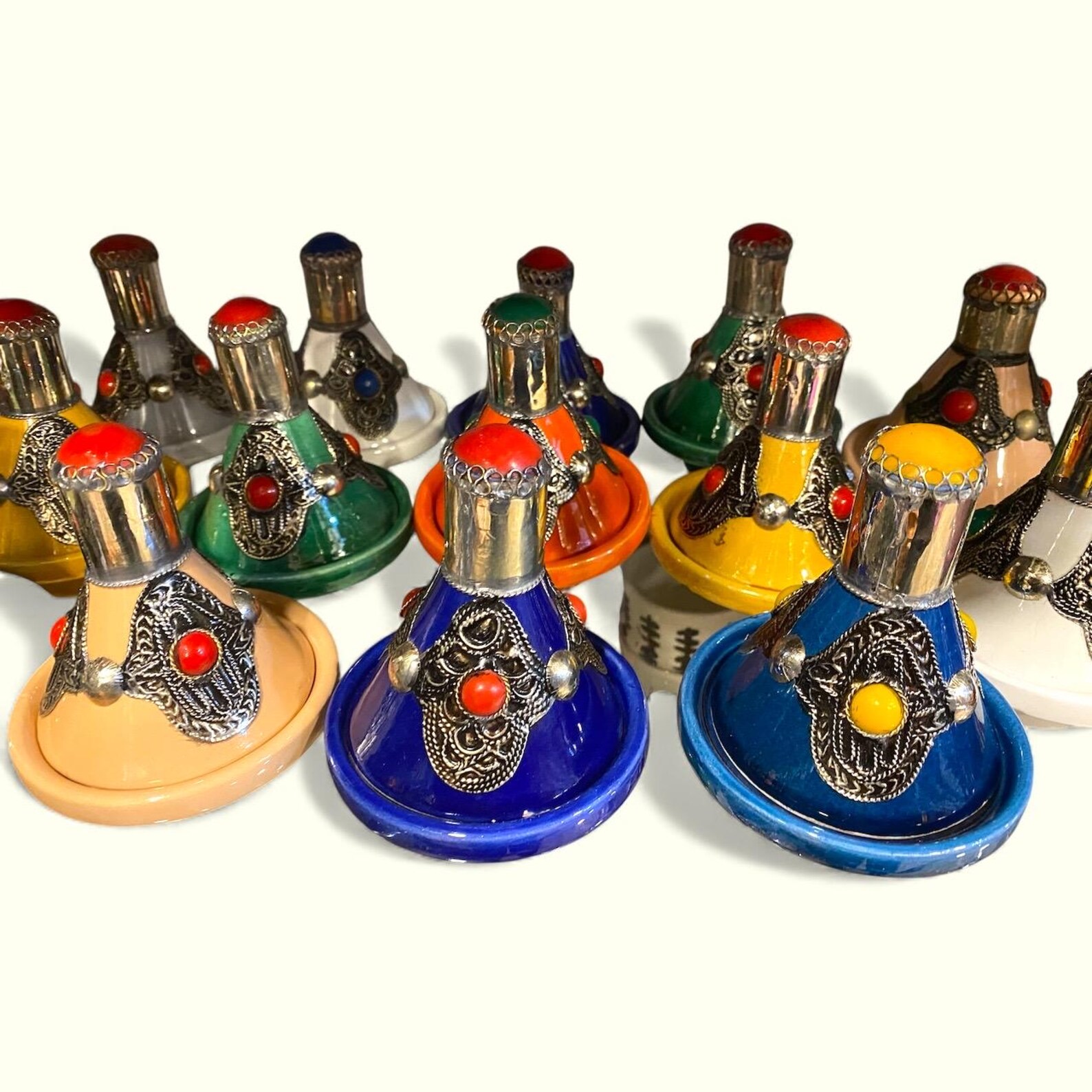 Set of 4 Small Multi-color Pottery Tagines With Metal Accents, Tagine ...