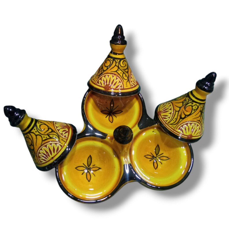 Triple Moroccan Mini Tagine for Spices, Yellow Tagine, Spices Holder ...