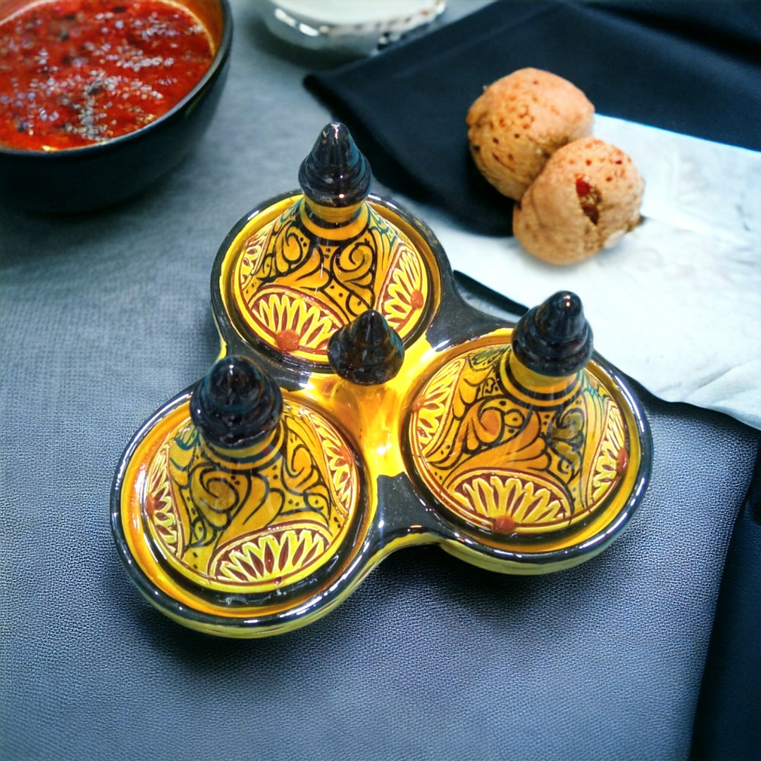 Triple Moroccan Mini Tagine for Spices, Yellow Tagine, Spices Holder ...