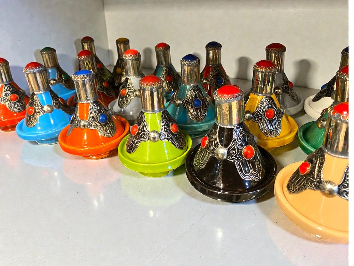 Set of 4 Small Multi-color Pottery Tagines With Metal Accents, Tagine ...