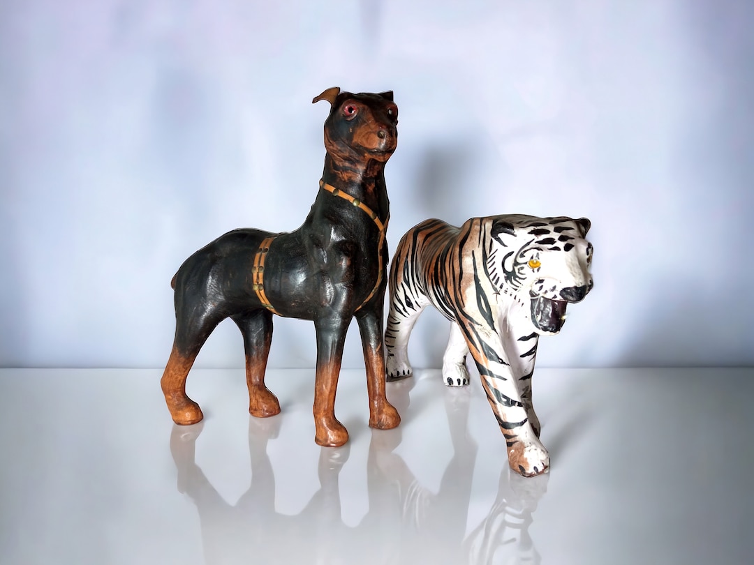 Vintage Leather Figurine - Poised Doberman & Majestic Tiger ...