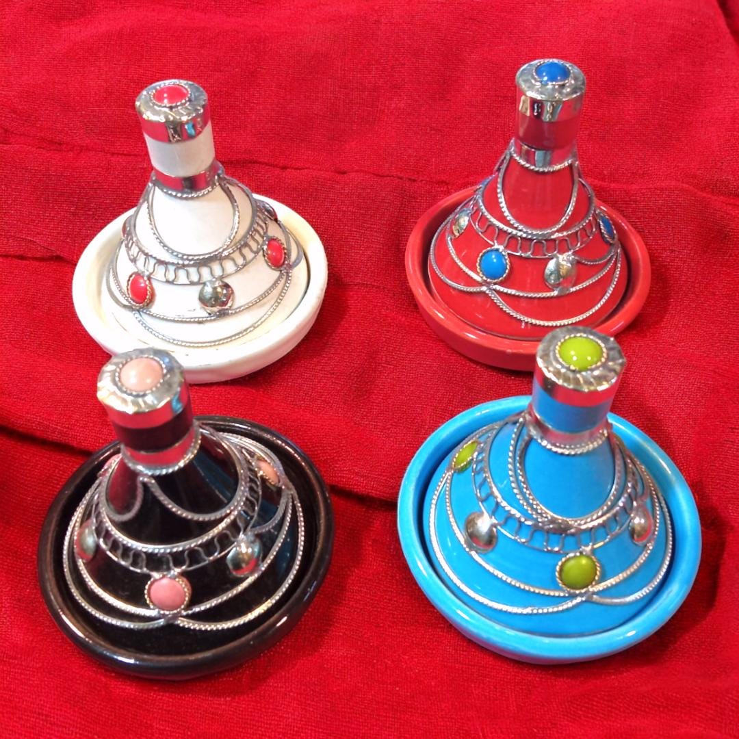 Set of 4 Small Multi-color Pottery Tagines With Metal Accents, Tagine ...