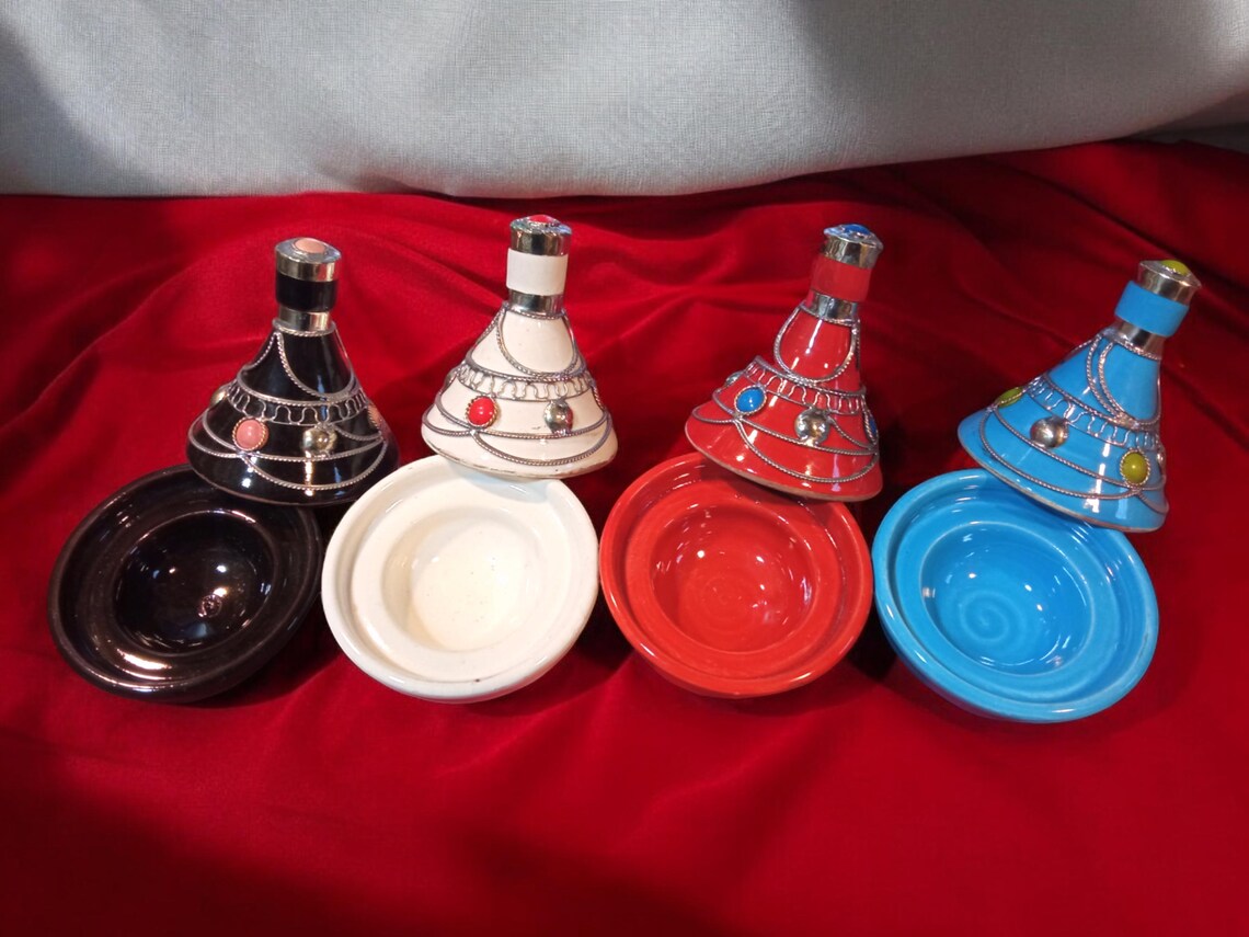 Set of 4 Small Multi-color Pottery Tagines With Metal Accents, Tagine ...