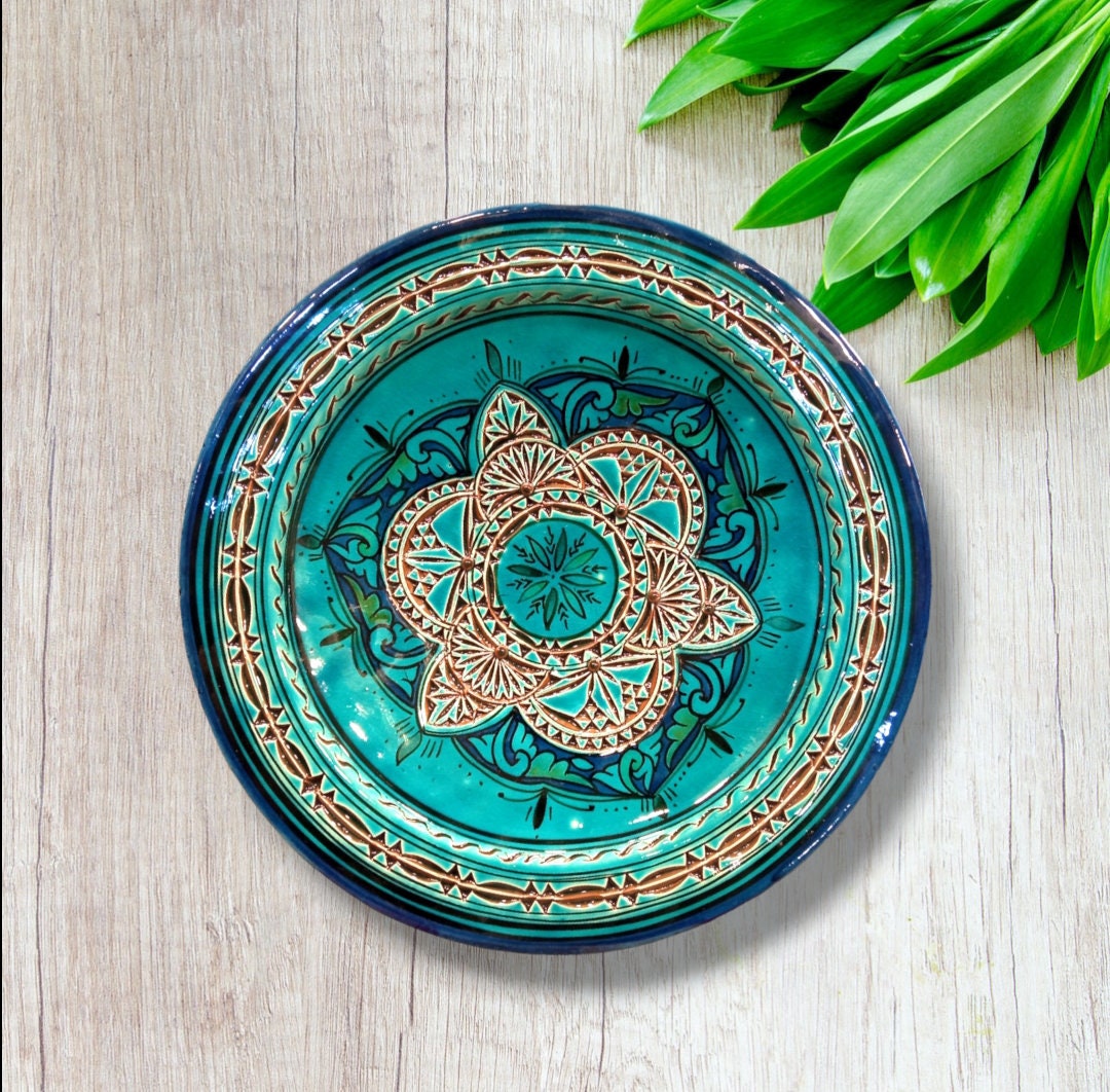 Moroccan Hand carved Pottery Plate Artisanal 35cm Serving Dish Bohemian Decor Turqoise Plate Home Decor Traditional Plate Dinnerware Dish Etsy