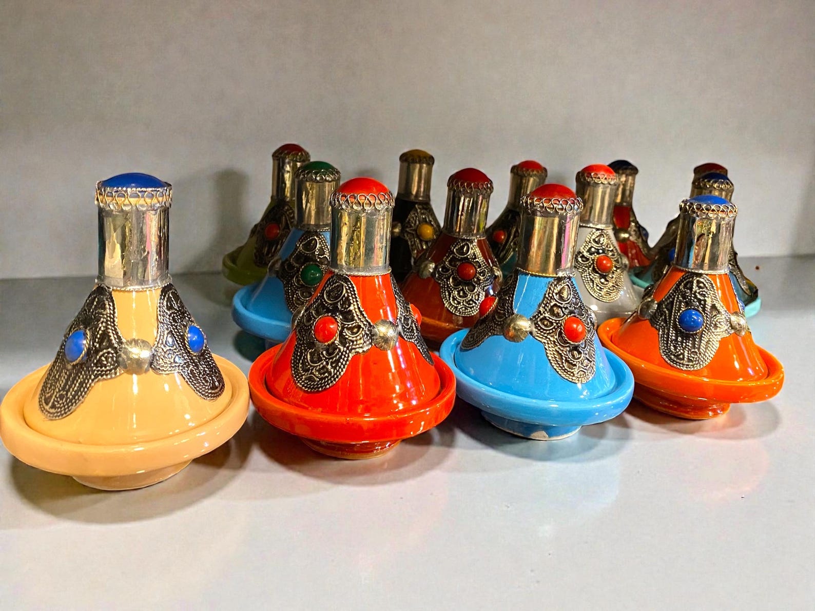 Set of 4 Small Multi-color Pottery Tagines With Metal Accents, Tagine ...