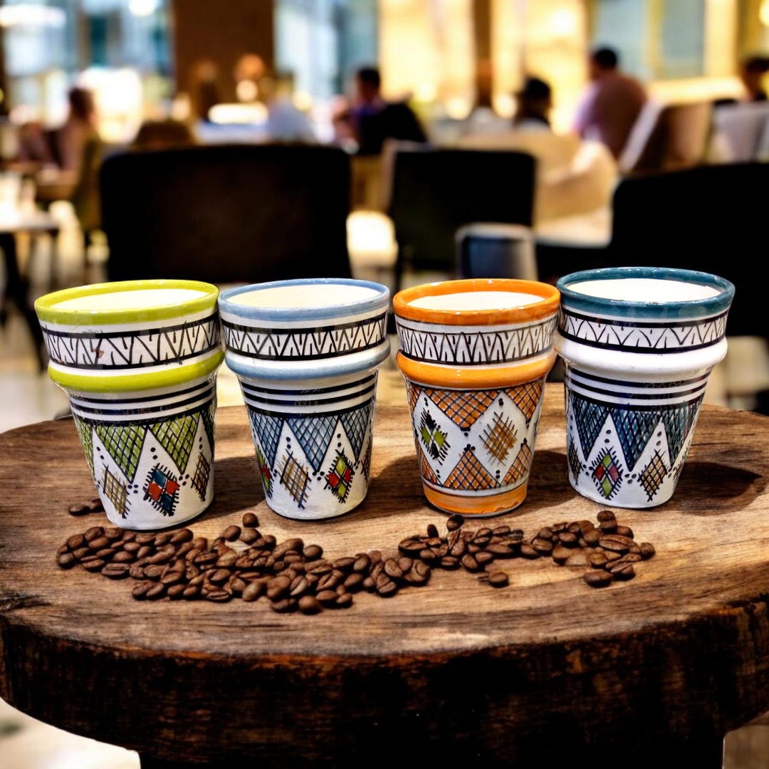 Set of 4 Moroccan Pottery Cups – Hand-painted Multicolored Ceramic Cups ...