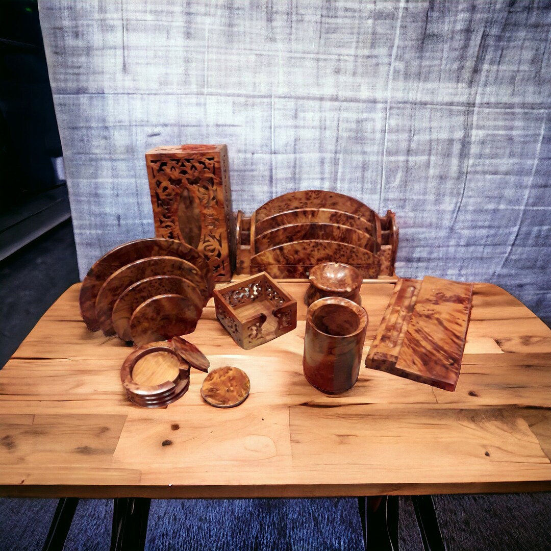 Handcrafted Thuya Wood Desk Set: Moroccan Elegance, Office Organizer ...
