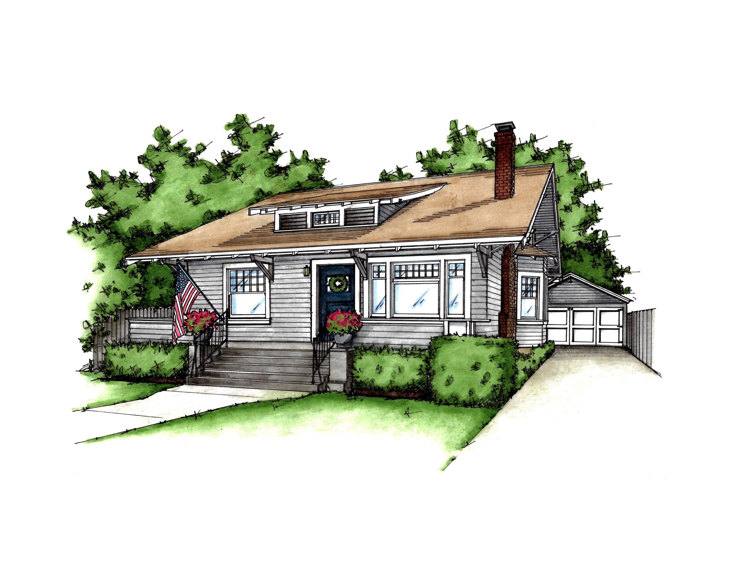Home Rendering Hand Drawn, Custom, Hand Drawn, Hand Rendered Color ...