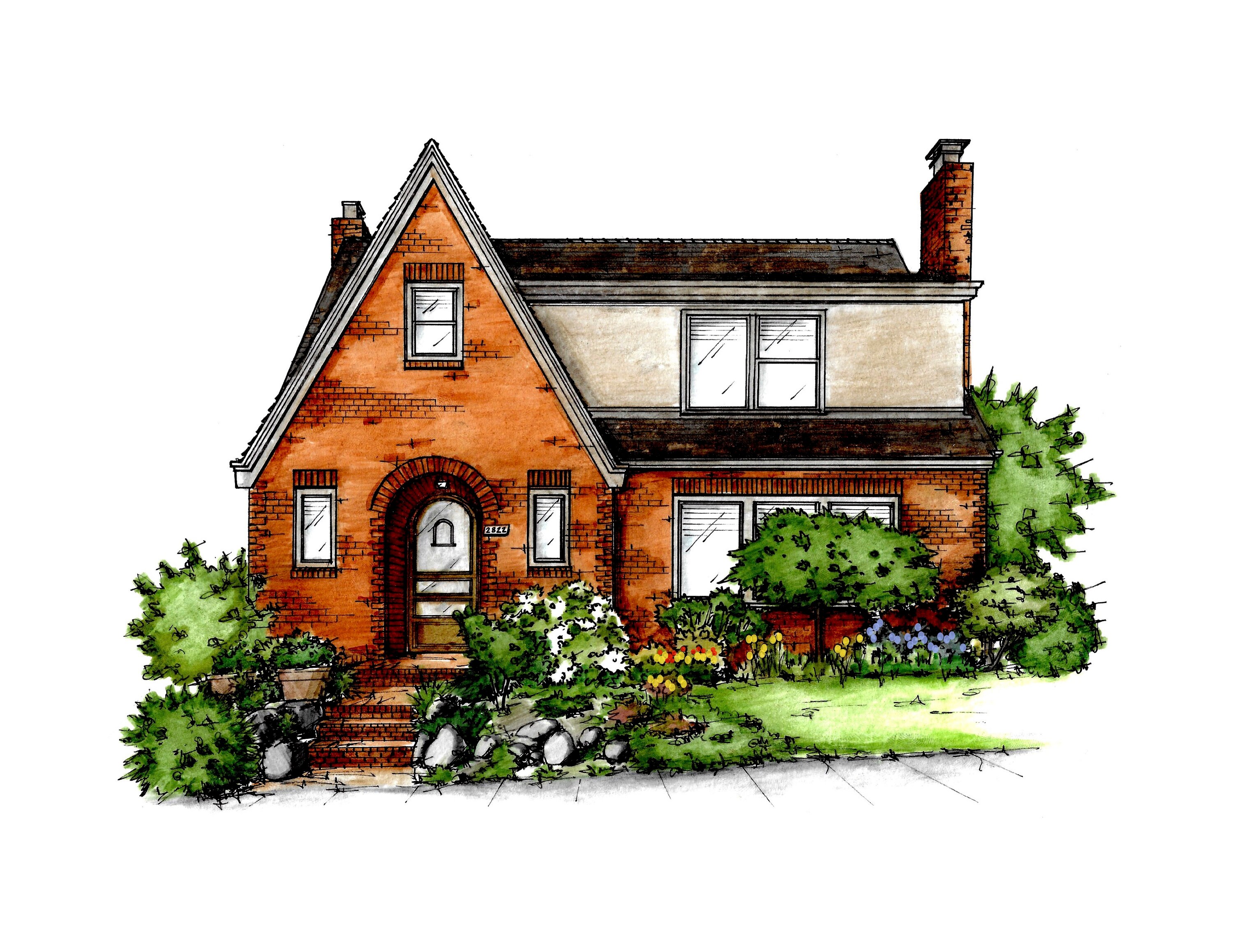 Home Rendering Hand Drawn, Custom, Hand Drawn, Hand Rendered Color ...