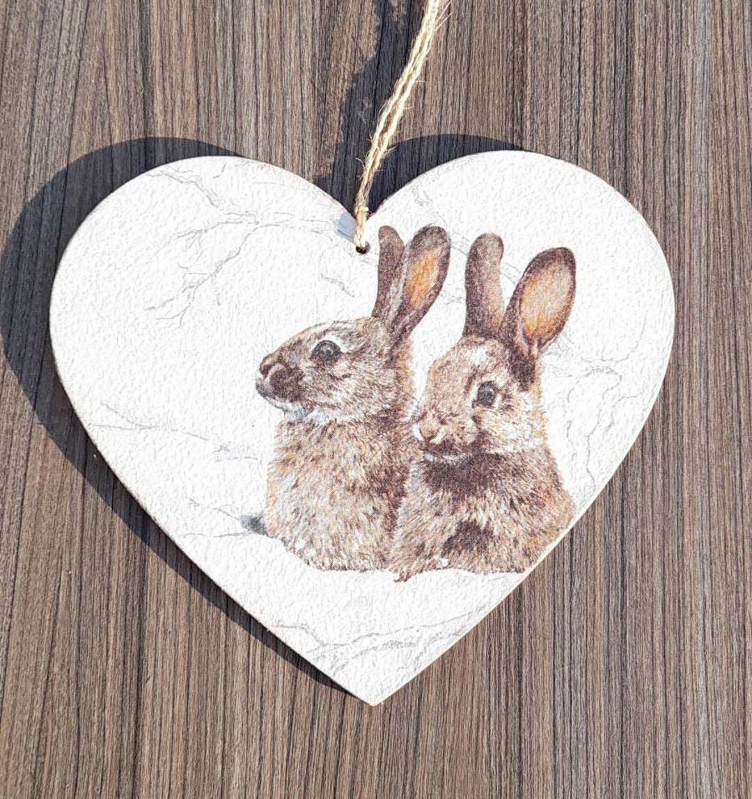 Decoupage Heart Rabbits , Rabbit Decor, 15cm Decoupaged MDF Heart ...