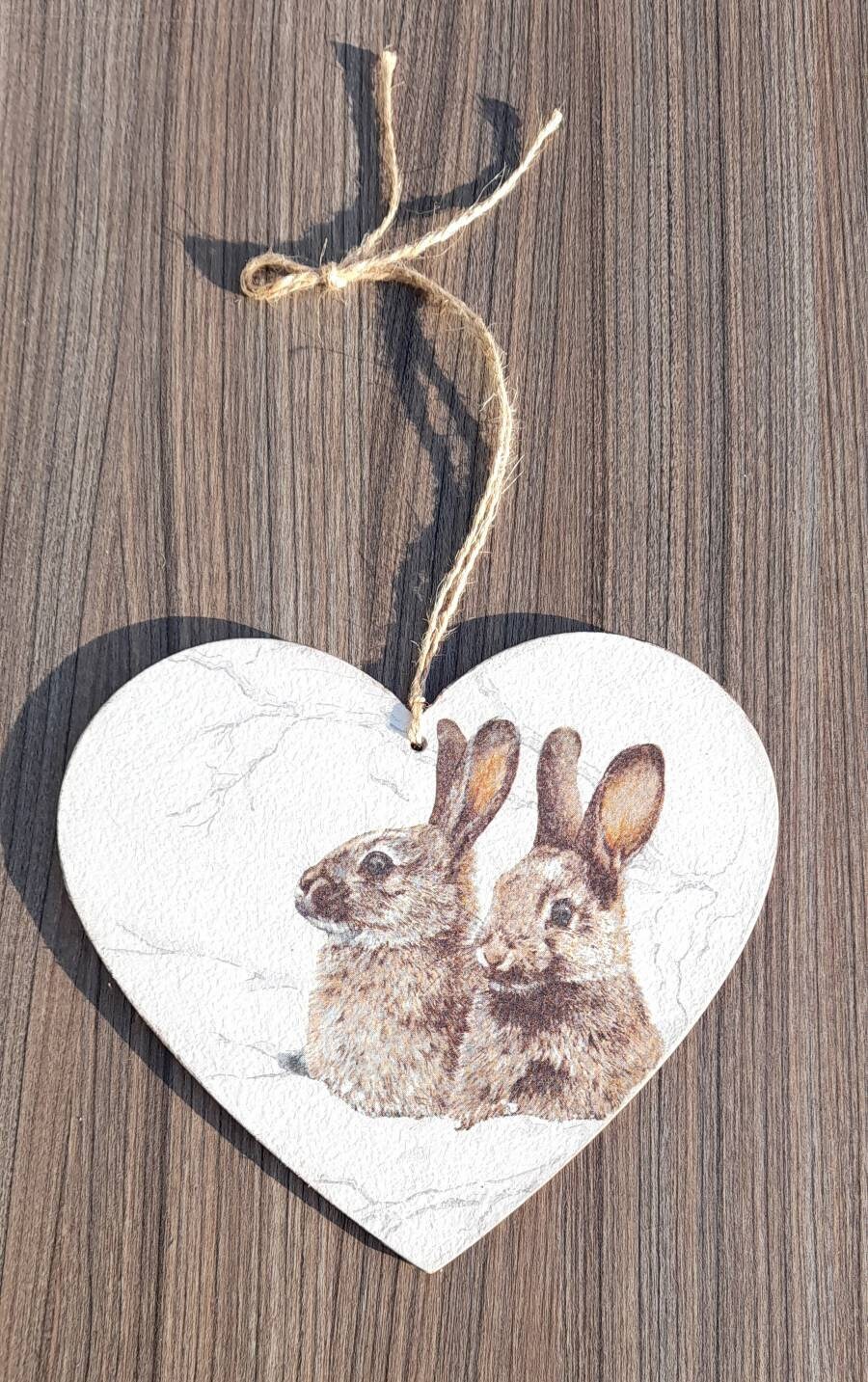 Decoupage Heart Rabbits , Rabbit Decor, 15cm Decoupaged MDF Heart ...