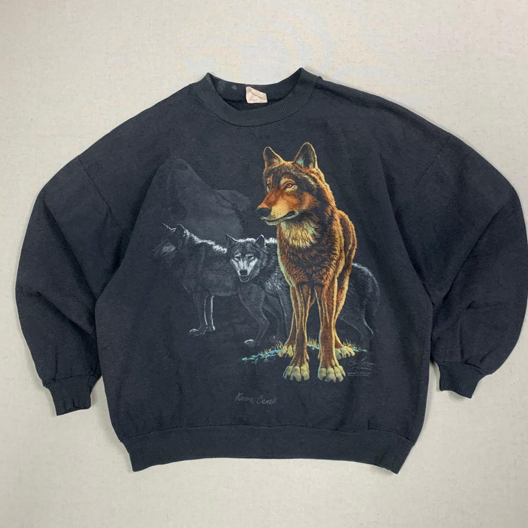 Vintage Black Wolf Animal Print Crew Neck Sweater - M - 80s - Etsy